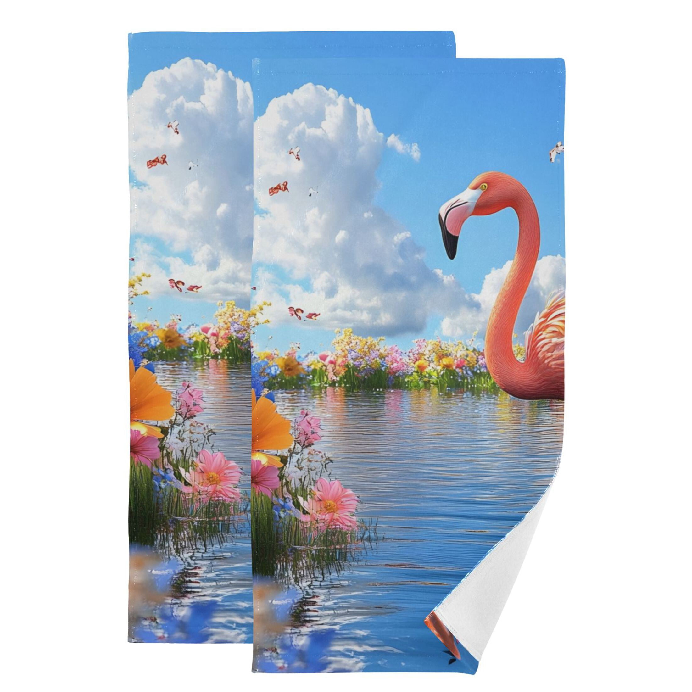 2-Piece Polyester cotton Towel Set Absorbent Realistic Pink Flamingo ...