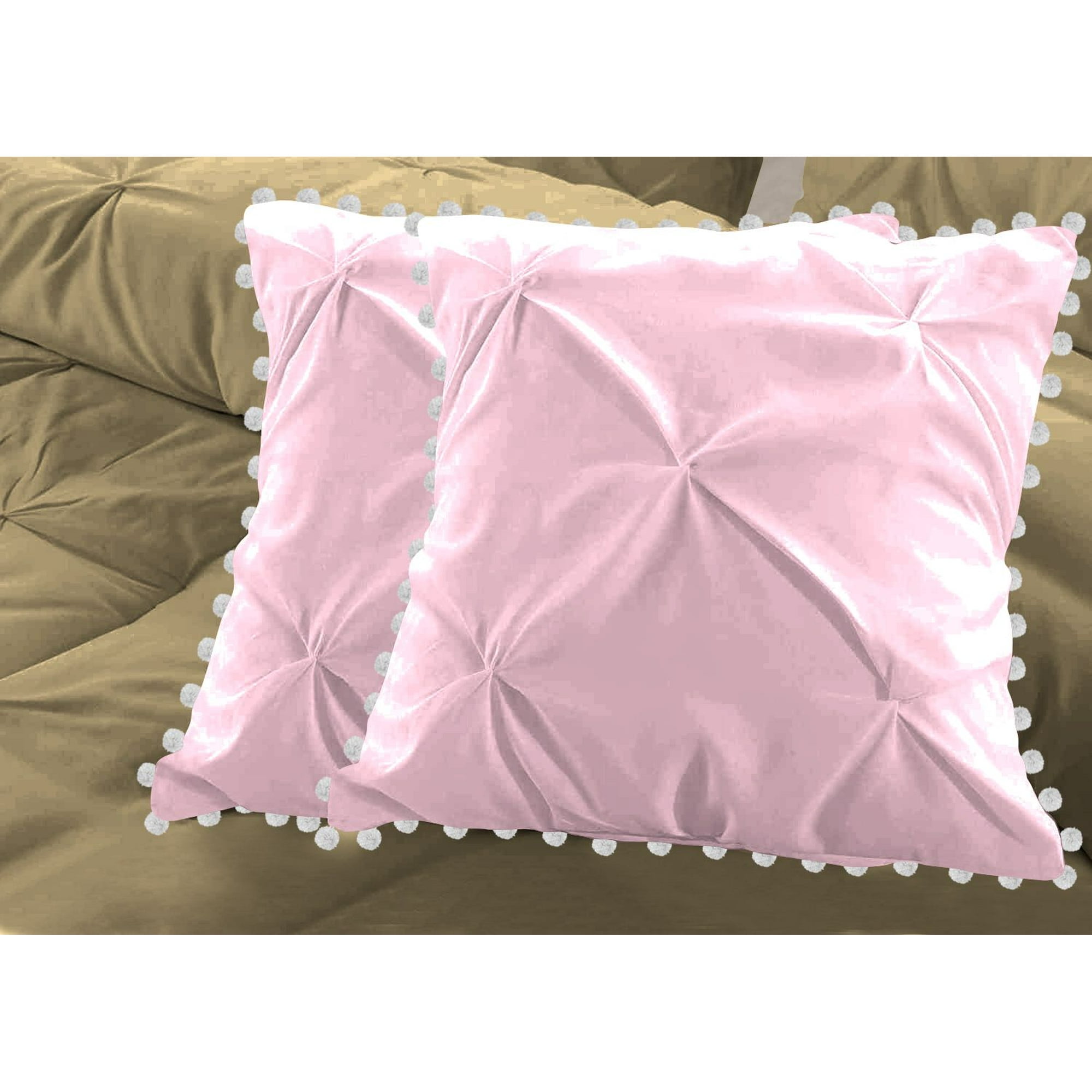 2 Piece Pom-Pom Pinch Pleated Solid Light Pink European Pillow Shams ...