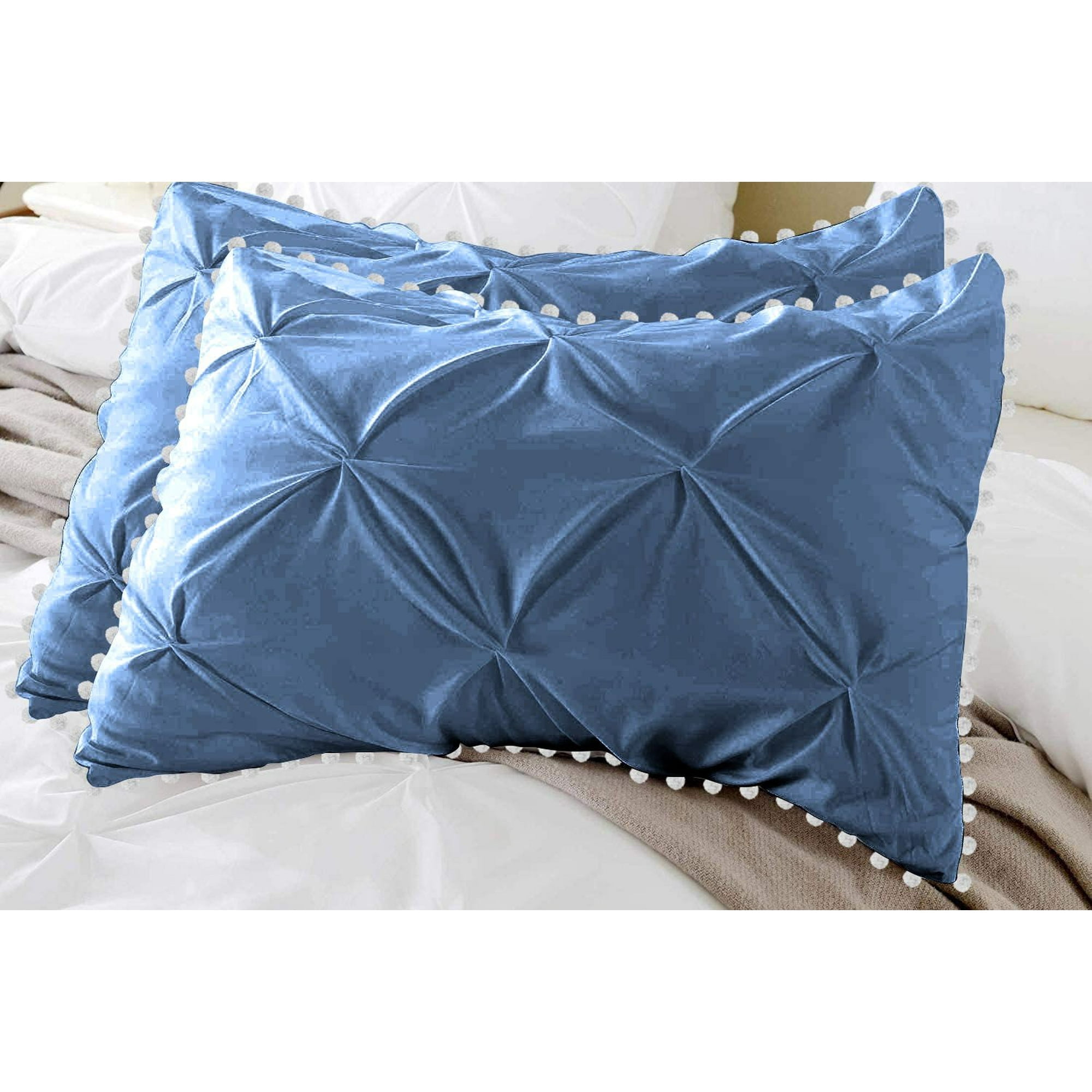 2 Piece Pom-Pom Pinch Pleated Solid Medium Blue Pillow Shams, (Oversize ...