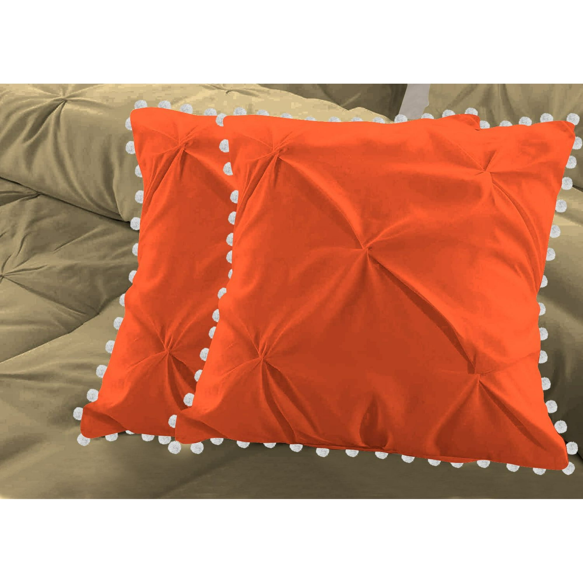 2 Piece Pom-Pom Pinch Pleated Solid Orange European Pillow Shams ...