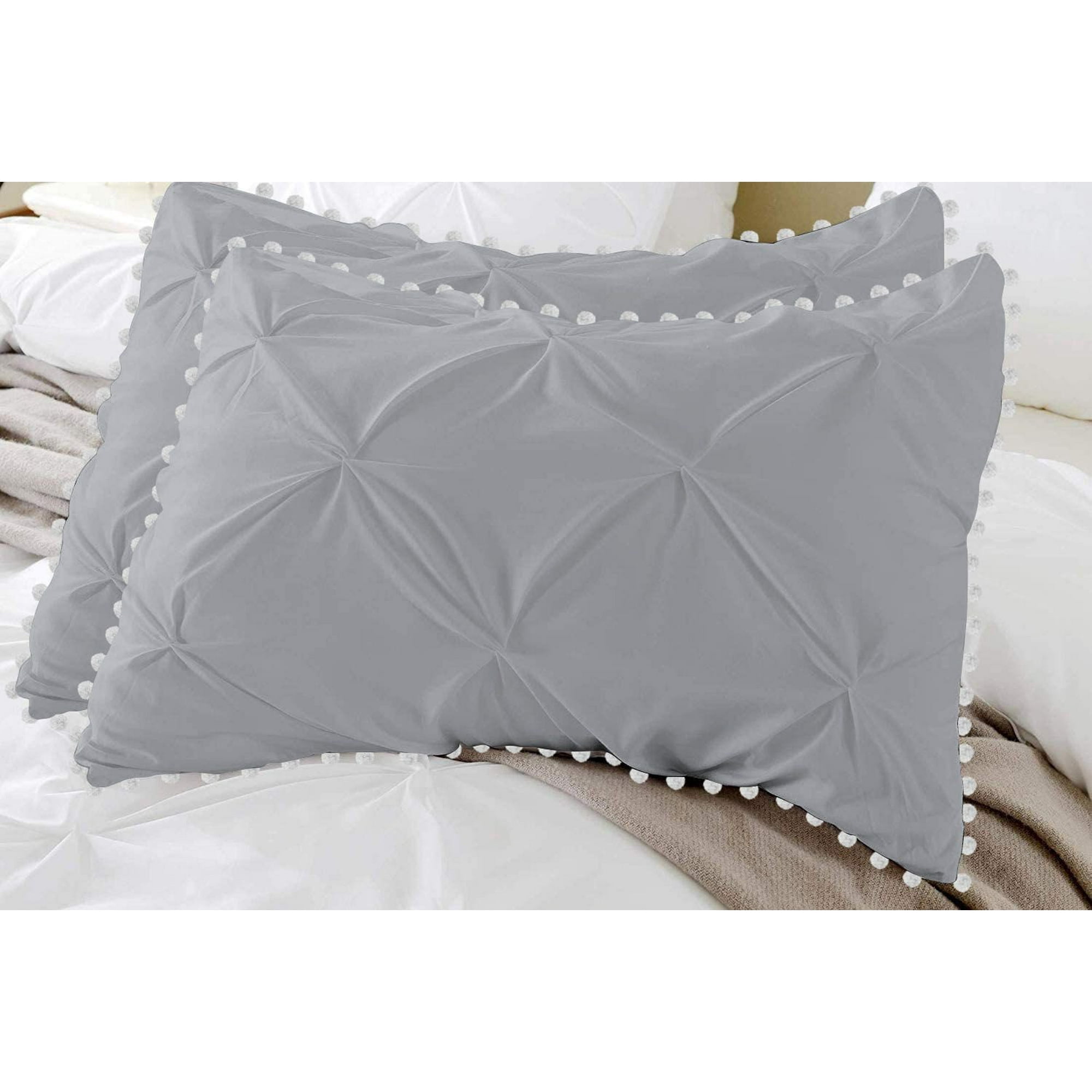 2 Piece Pom-Pom Pinch Pleated Solid Silver Pillow Shams, (Oversize King ...