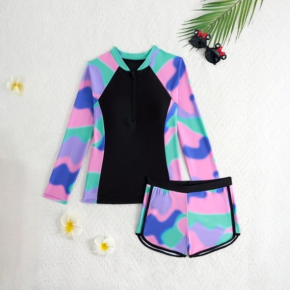 2 Piece Rash Guard Swimsuit for Kid Printed Short Sleeve Top & Shorts ...