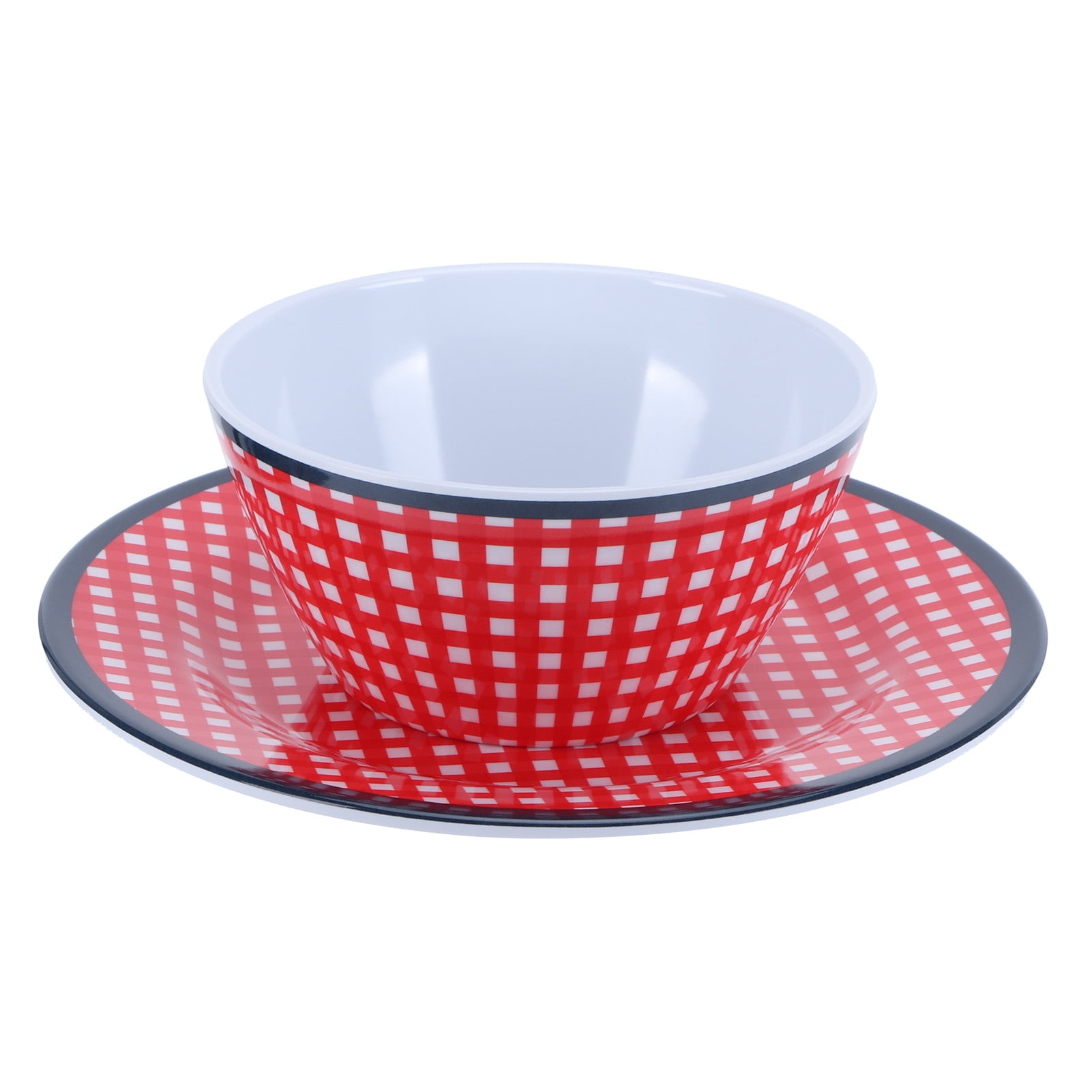 2-Piece Red Grid Salad Fruit Plate Dish Bowl Set - Imitation Porcelain ...