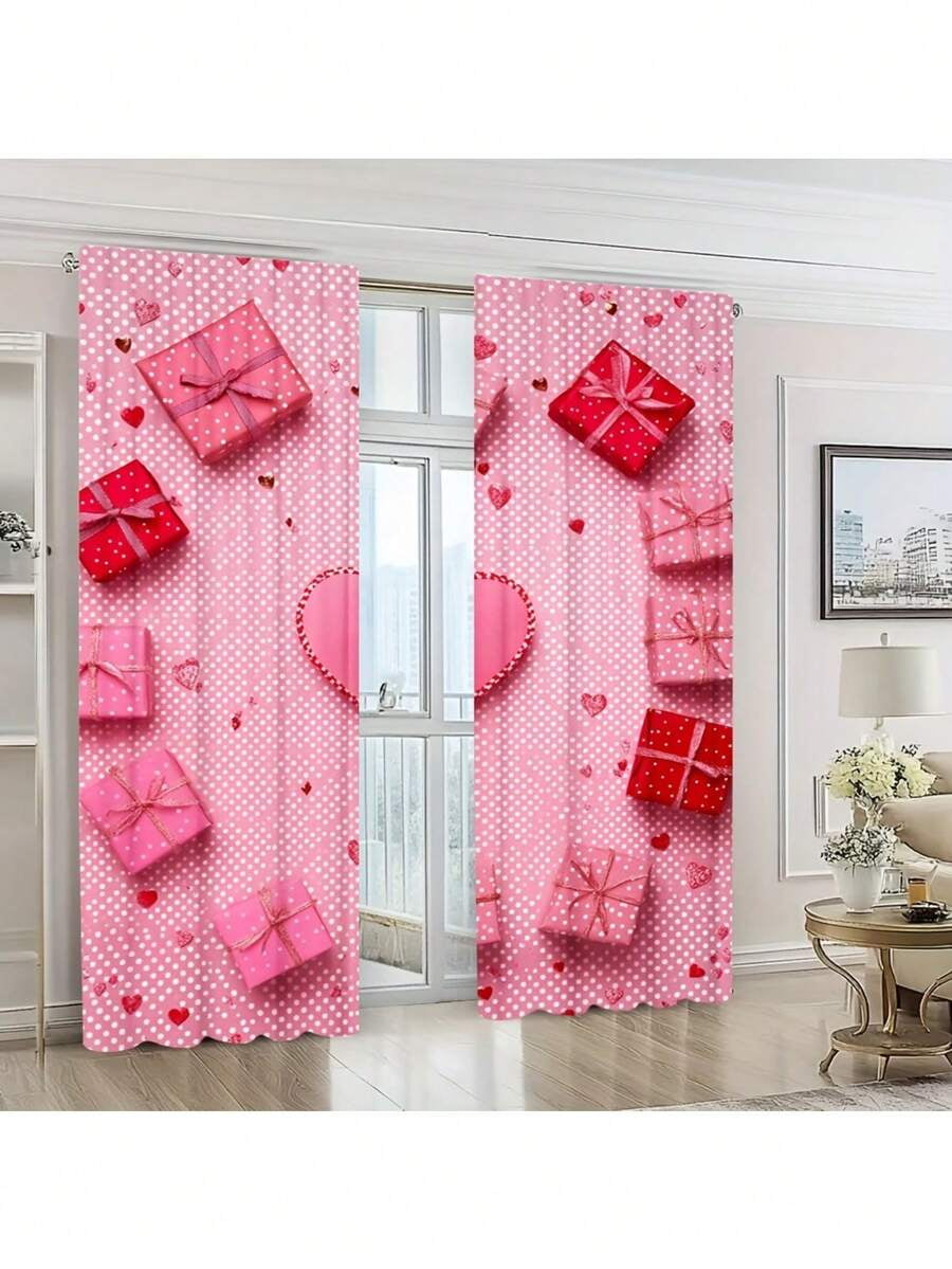 2-Piece Red Heart And Gift Theme Curtains For Valentine's Day - Stylish ...