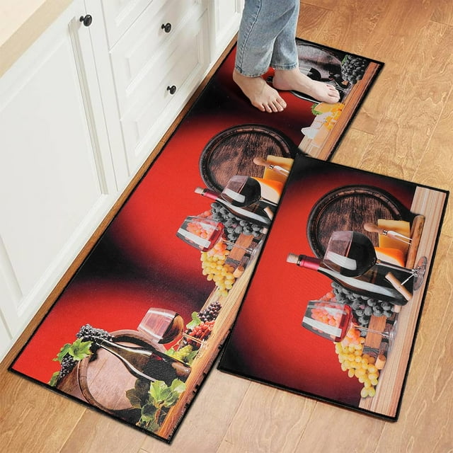 2 Piece Red Wine Kitchen Rugs Set,Non Skid Washable Kitchen Mats for ...