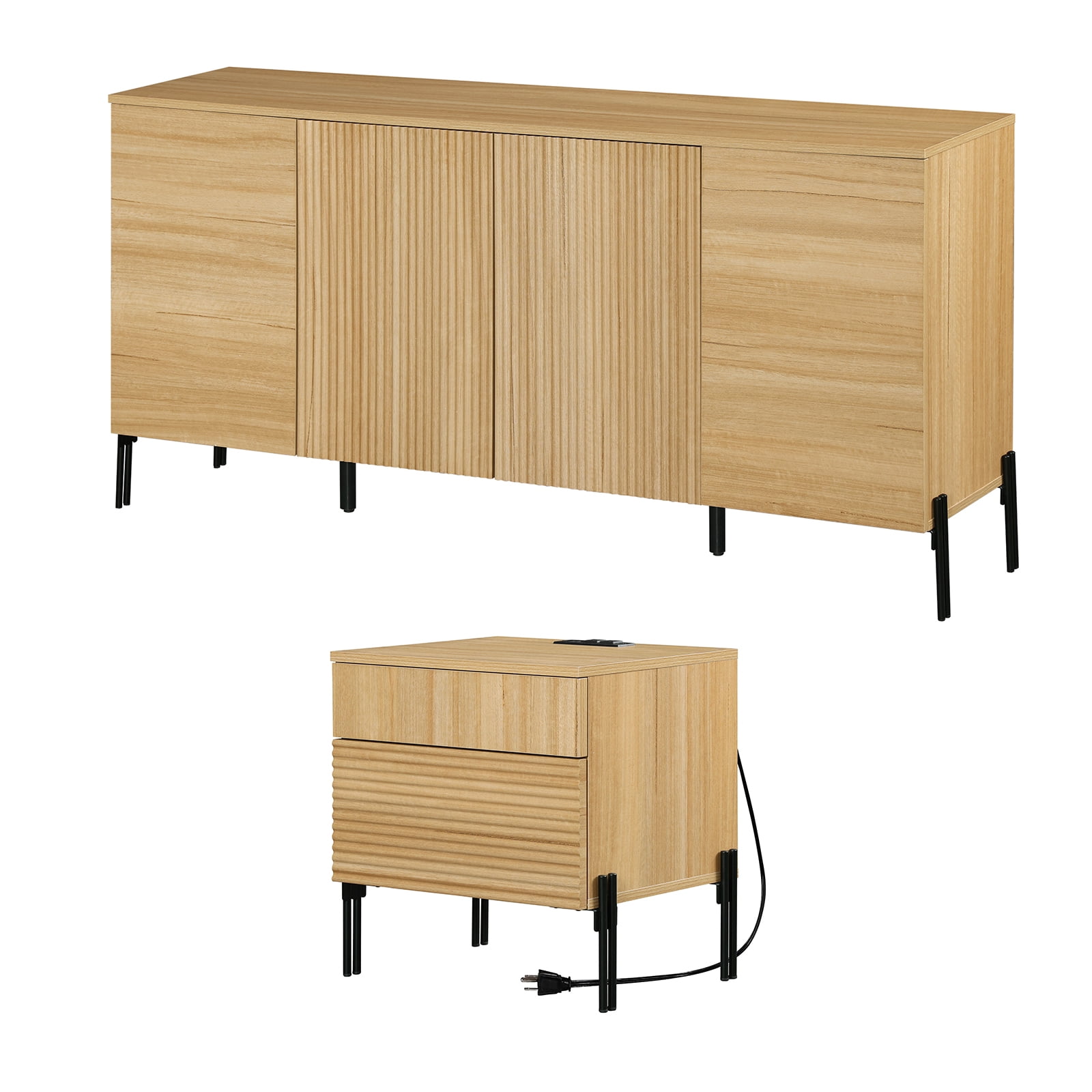 2-Piece Reeded Bedroom Set, Modern Minimalist Nightstand and Dresser ...
