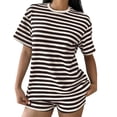 2 Piece Ribbed Knit Pajama Set for Women Summer Short Sleeve Stripe ...