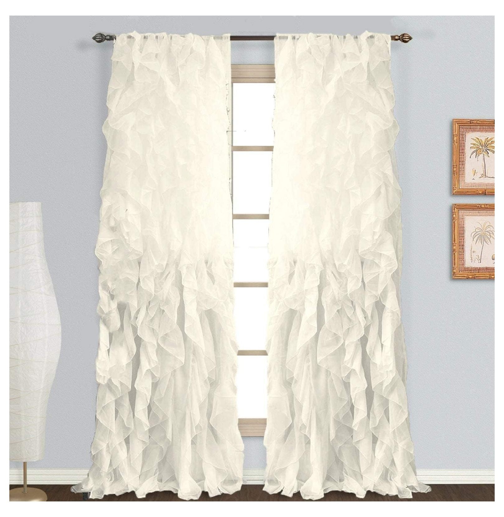 2-Piece Rod Pocket Sheer Voile Vertical Ruffle Window Curtain Panel ...