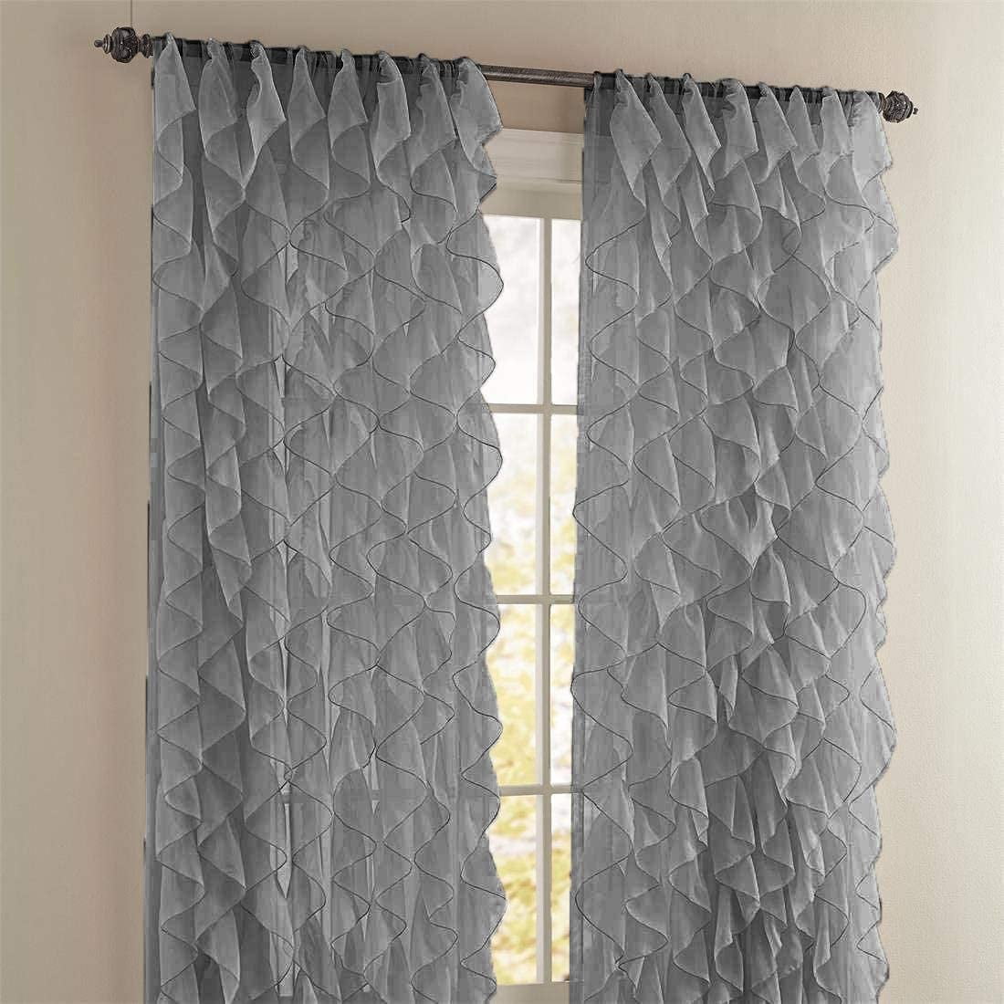 2 Piece Rod Pocket Sheer Voile Vertical Ruffled Waterfall Window ...