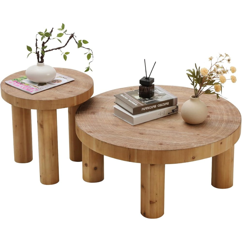 2-Piece Round Farmhouse Coffee Table, Rustic Coffee Table Sets, Circle ...