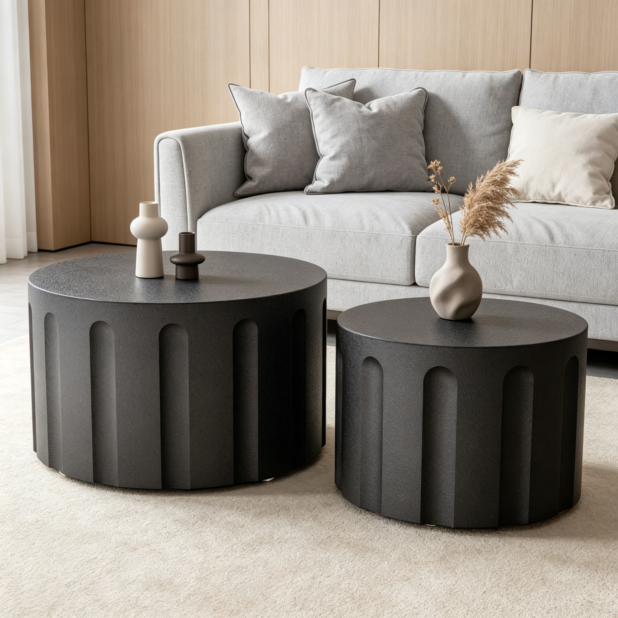 2-Piece Round Nested Coffee Table Set, Matte Black with Hand-Carved ...