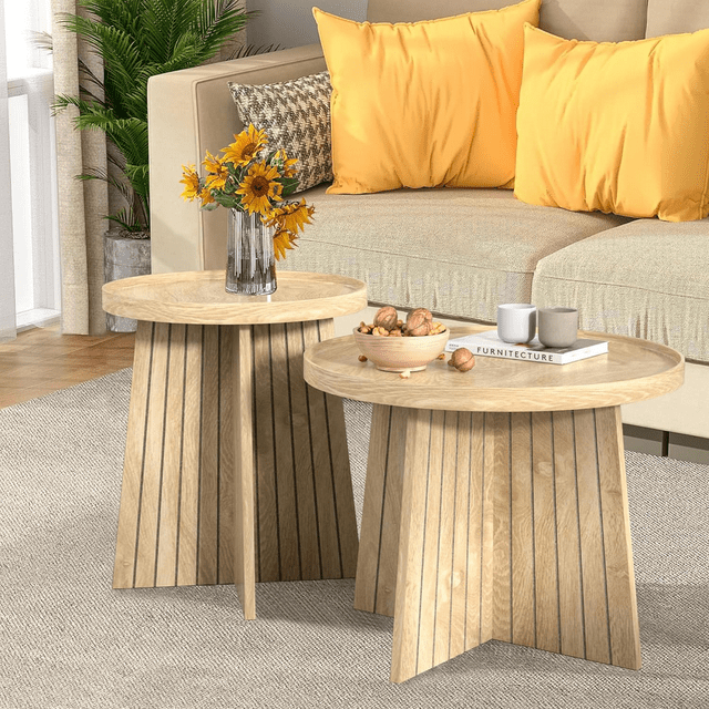 2-Piece Round Nesting Coffee Table, Mid-Century Modern Fluted Circle ...