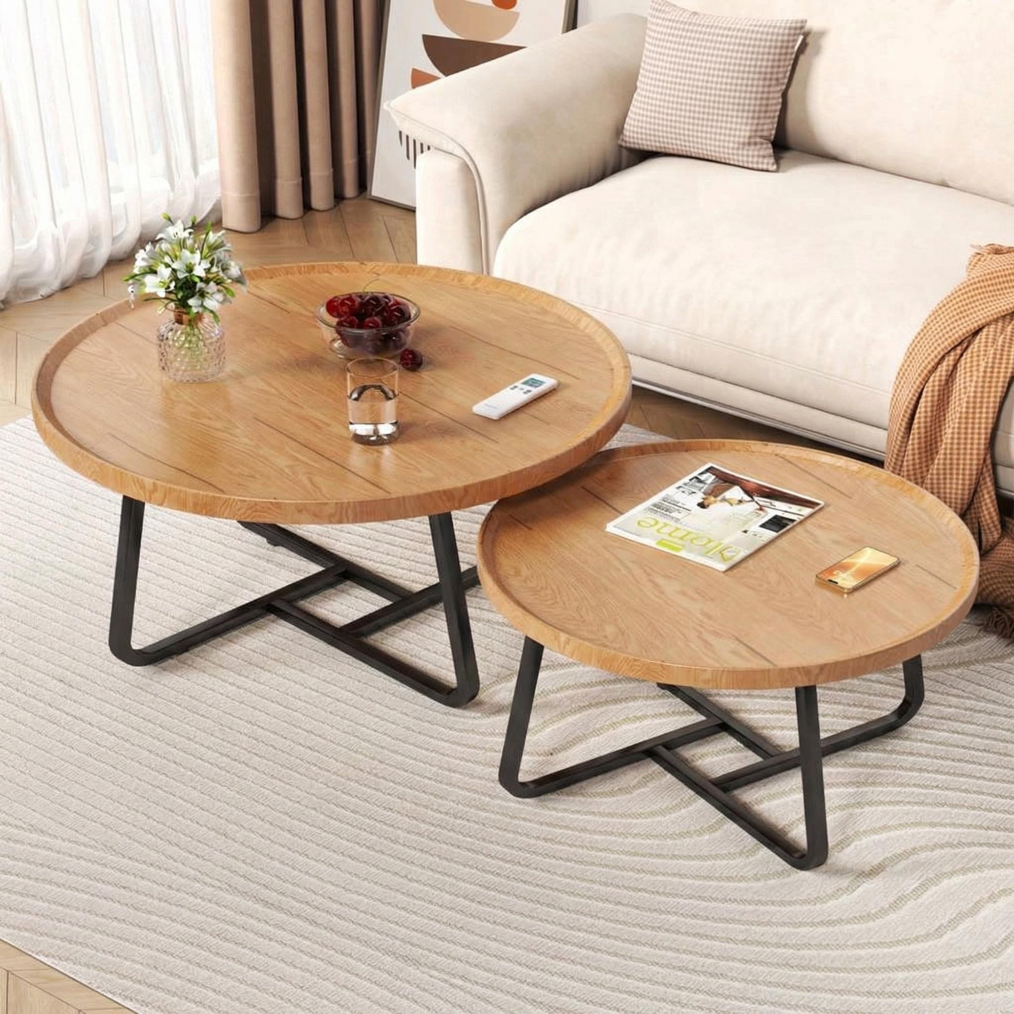 2-Piece Round Nesting Coffee Table Set, Mid-Century Modern Side Tables ...