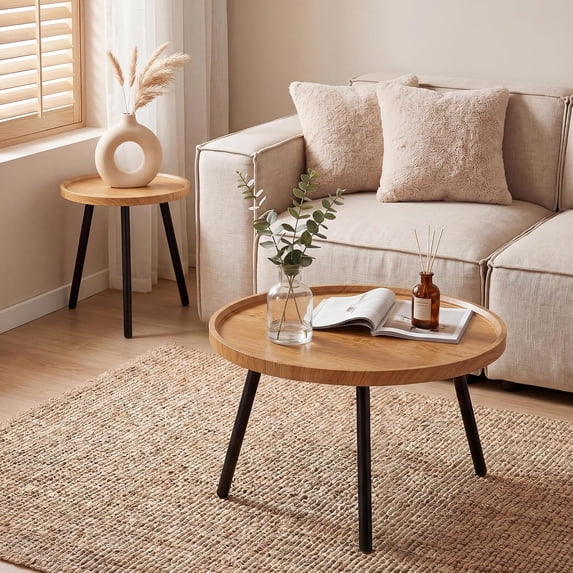 2 Piece Round Nesting Coffee Table Set, Wood Top Accent Tables with ...