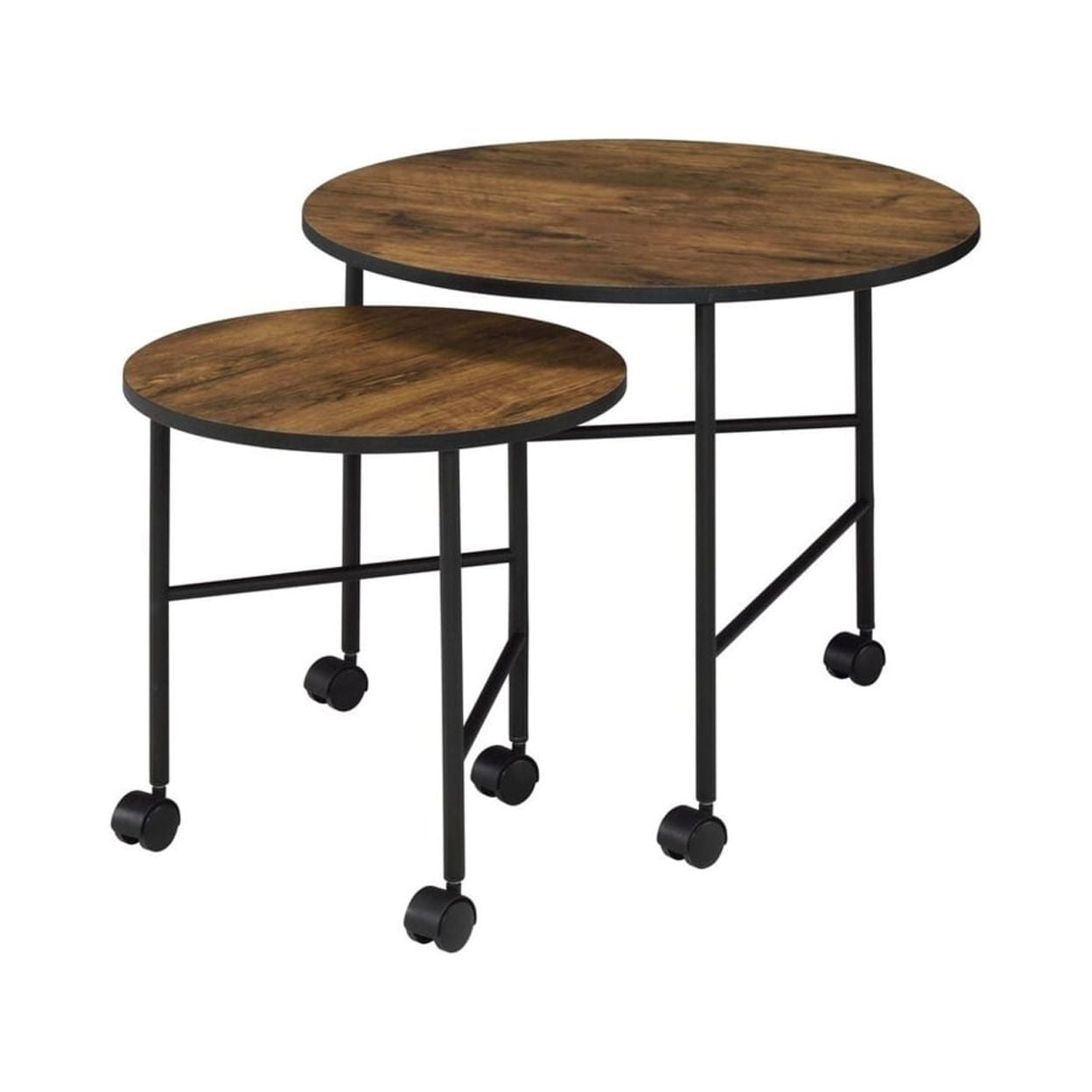 2 Piece Round Nesting End Table with Casters Oak Brown and Black ...