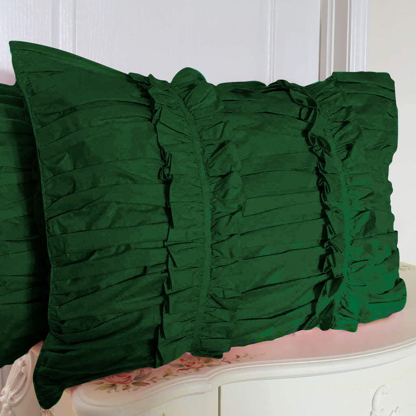 2 Piece Ruched Ruffle Pattern Solid Green European Pillow Shams ...