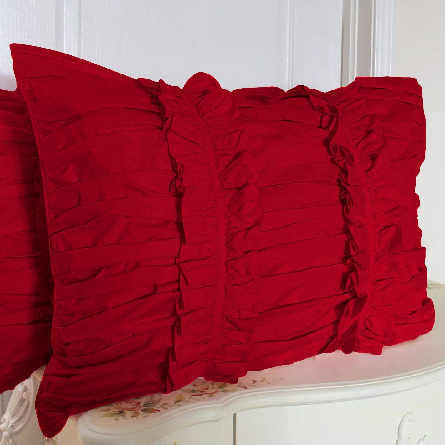 2 Piece Ruched Ruffle Pattern Solid Red Pillow Shams, (Standard 20X26 ...
