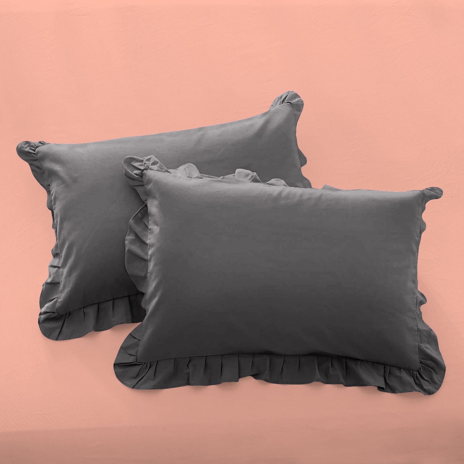 2 Piece Ruffle Solid Dark Grey European Pillow Shams, (European 26x26 ...