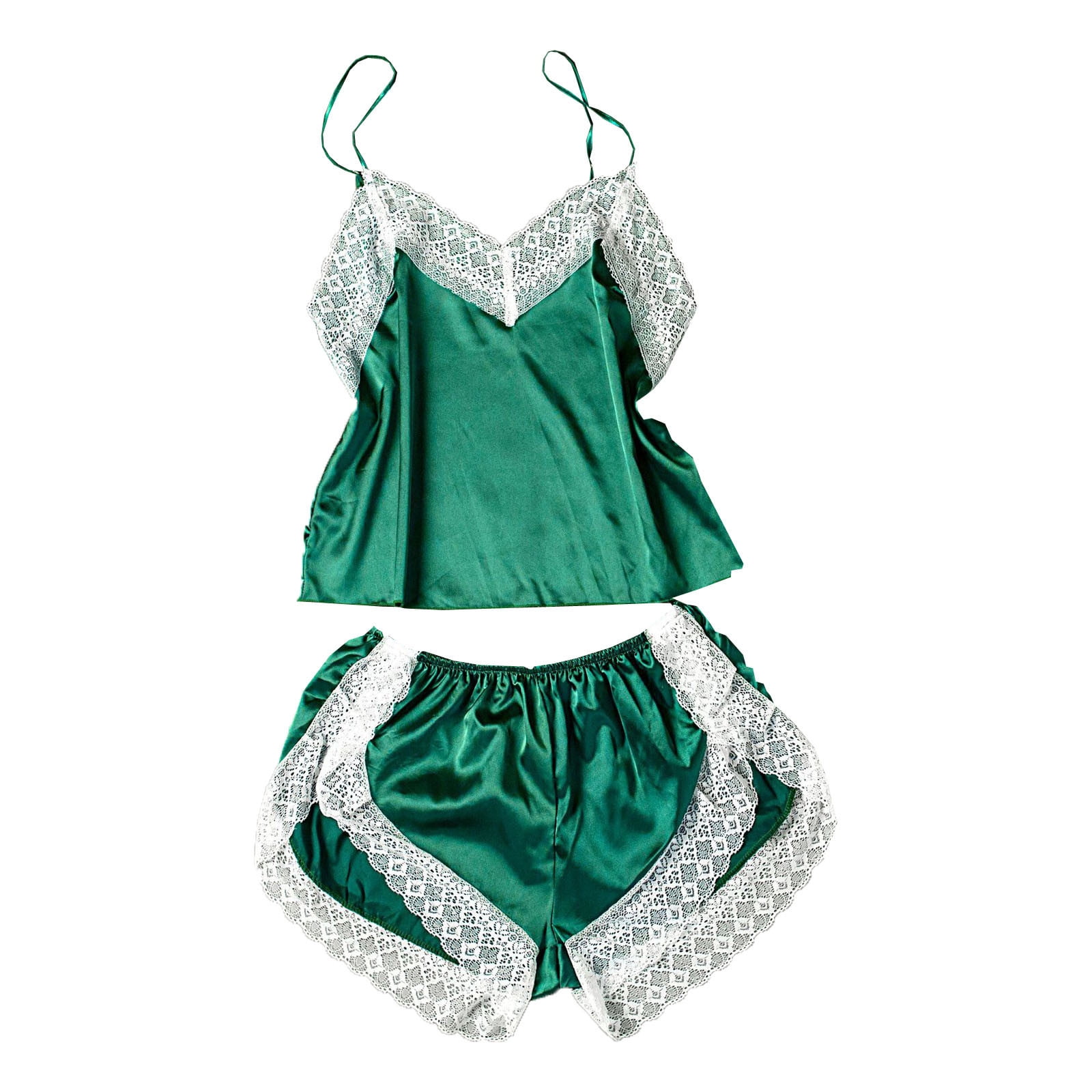2 Piece Satin Lingerie Pyjamas Set For Women V Neck Sexy Cami And