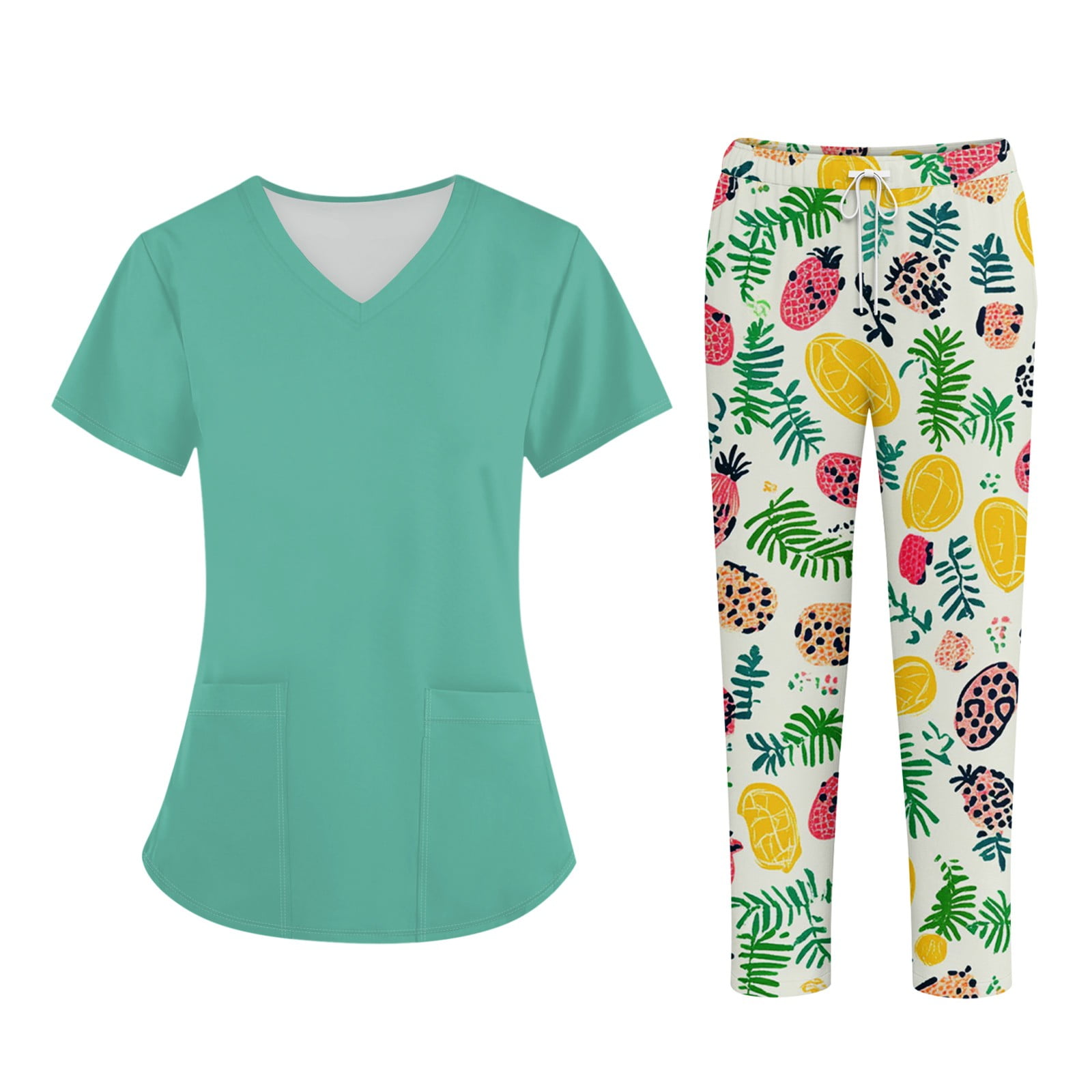 2 Piece Scrubs Set for Women V-Neck Short Sleeve Tops & Drawstring ...