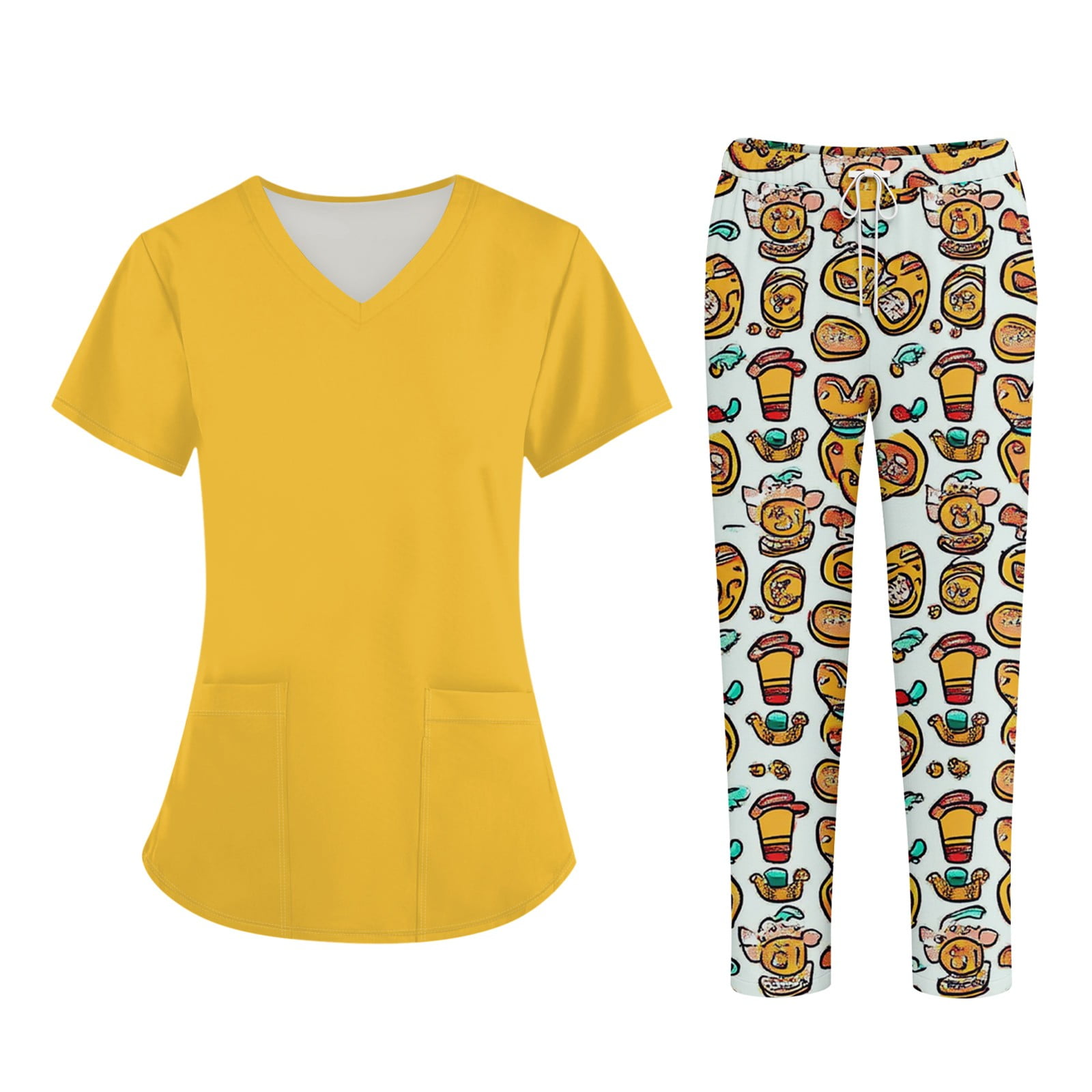 2 Piece Scrubs Set for Women V-Neck Short Sleeve Tops & Drawstring ...