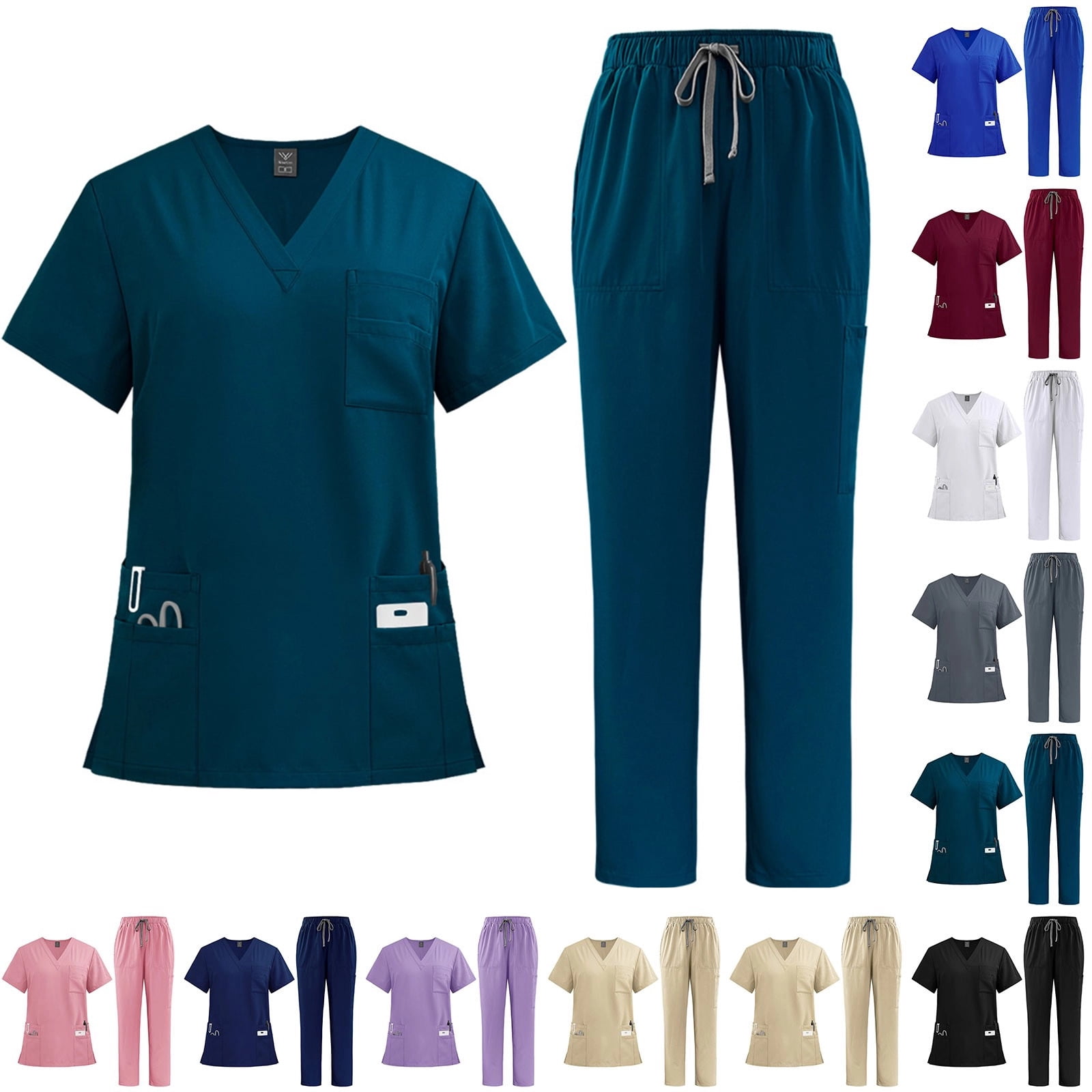 2 Piece Scrubs Sets For Women Medical V Neck Short Sleeve Top & Cargo ...