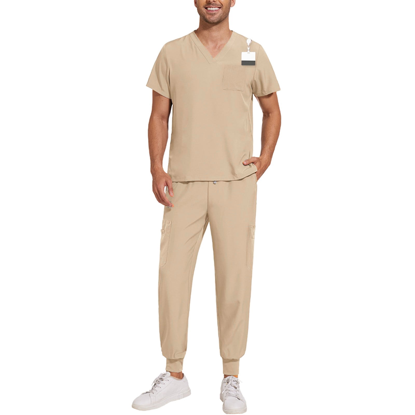 2 Piece Scrubs Sets for Men V Neck Short Sleeve Solid Color Scrub Tops ...