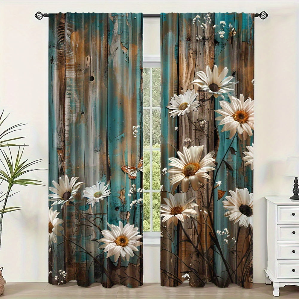 2-Piece Semi-Blackout Curtain Wooden Door Print Rod Pocket Drapes ...