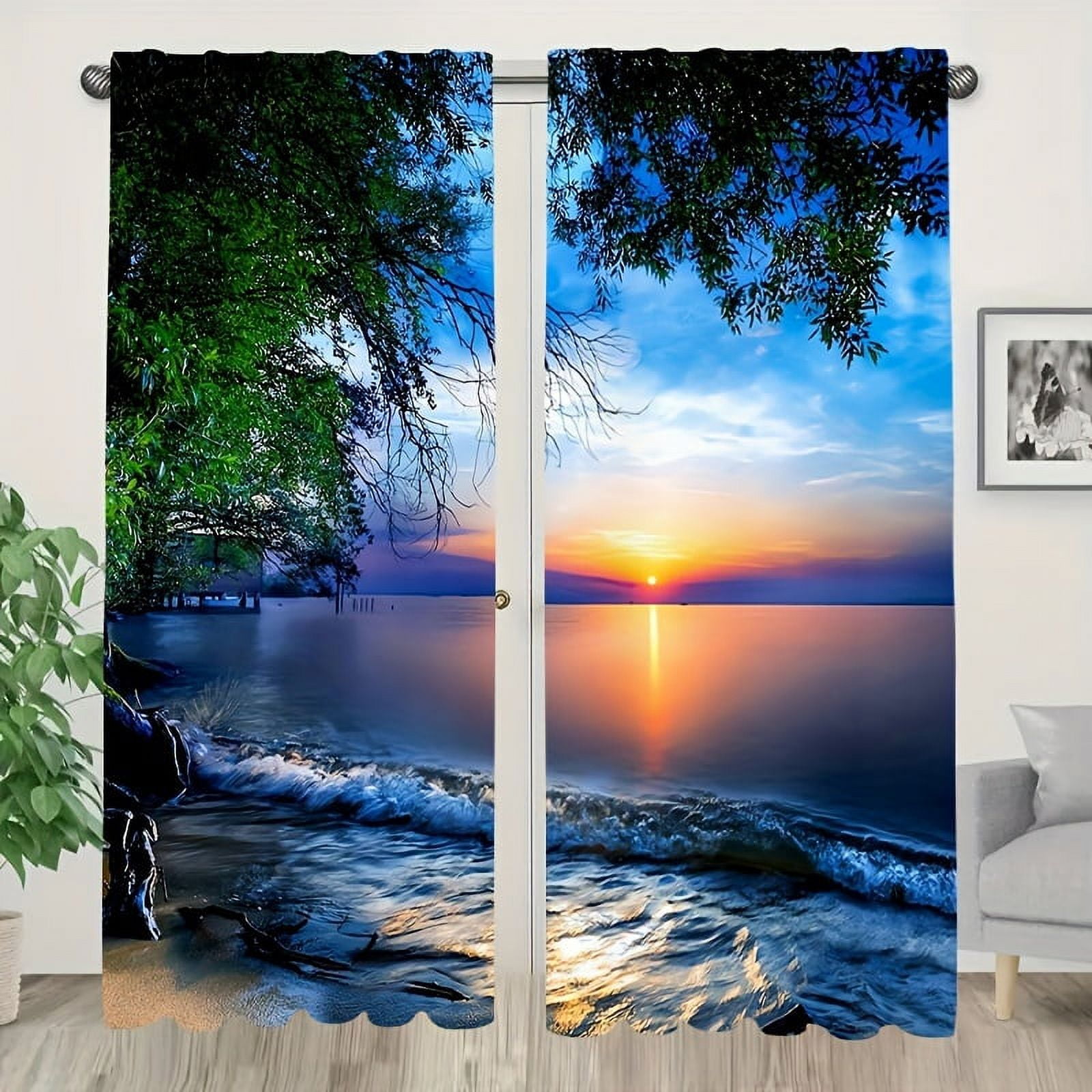 2-Piece Semi-Blackout Curtains Tropical Island Pirate Ship Palm Tree ...