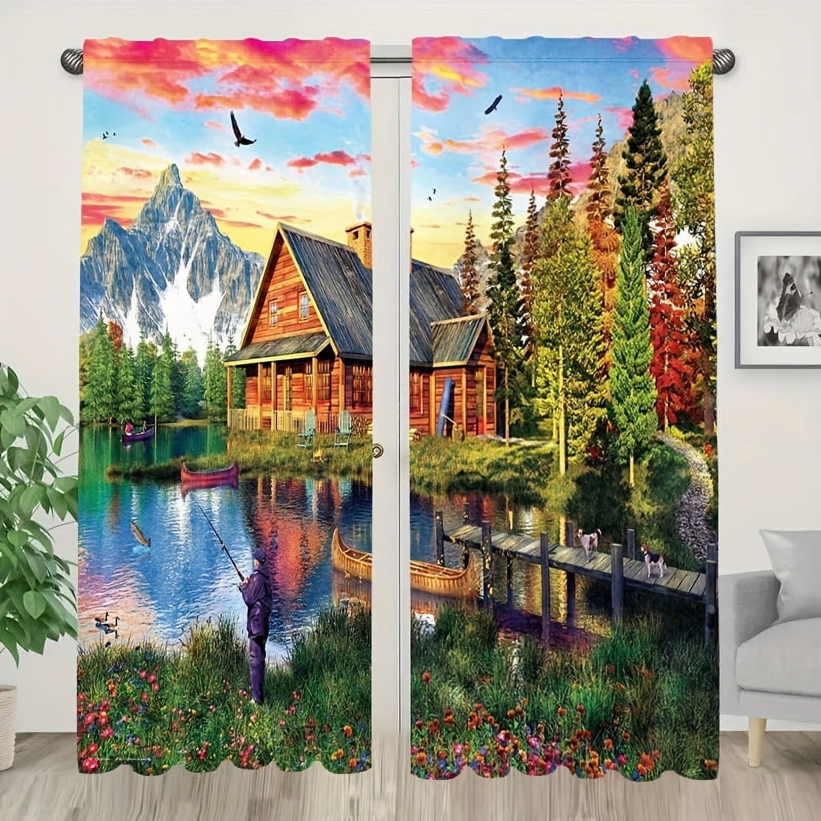 2-Piece Semi-Blackout Curtains Tropical Island Pirate Ship Palm Tree ...