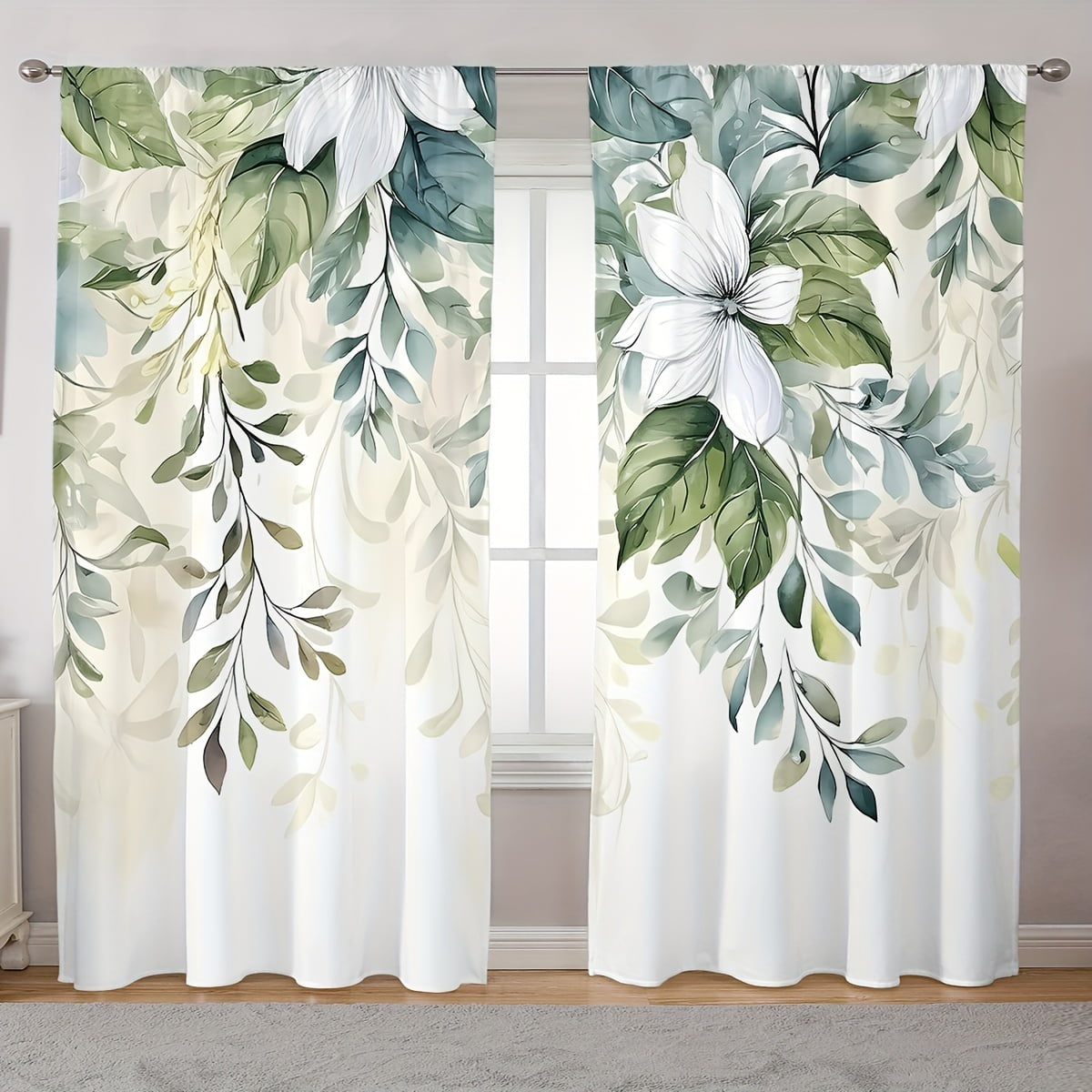 2-Piece Set Classic Green Floral Leaf Curtain Panels Rod Pocket Semi ...