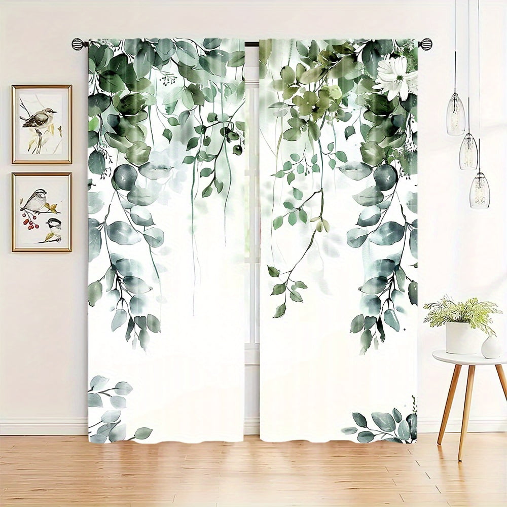 2-Piece Set Classic Green Floral Leaf Curtain Panels Rod Pocket Semi ...