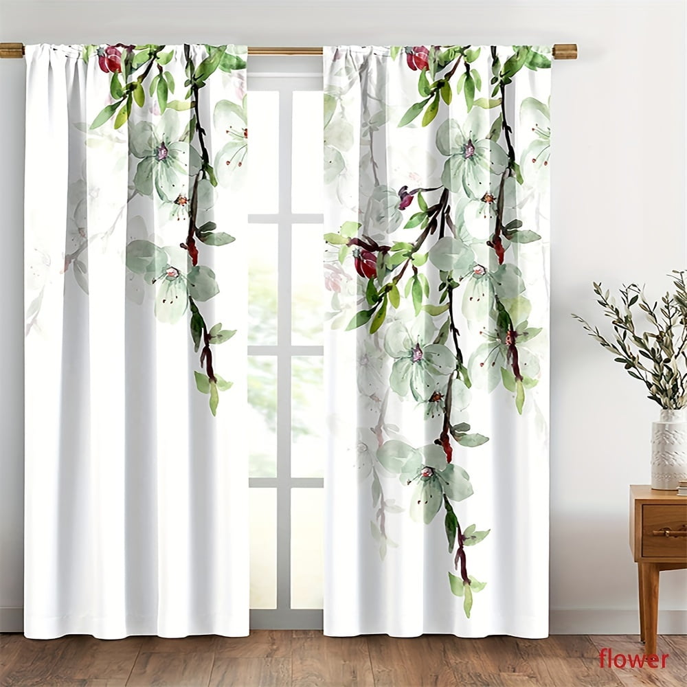 2-Piece Set Classic Green Floral Leaf Curtain Panels Rod Pocket Semi ...