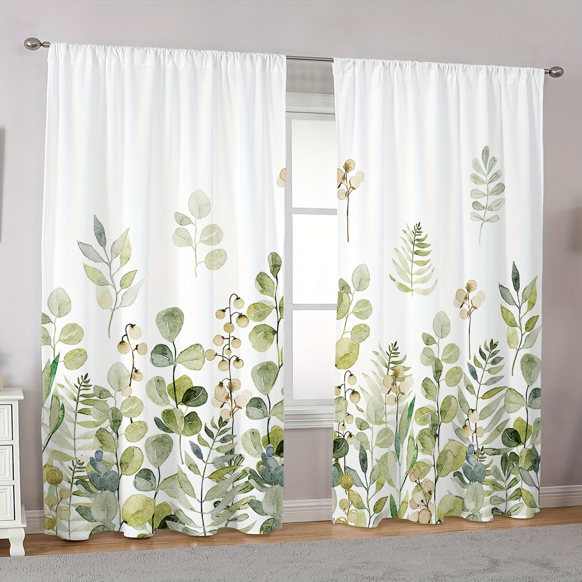 2-Piece Set Classic Green Floral Leaf Curtain Panels Rod Pocket Semi ...