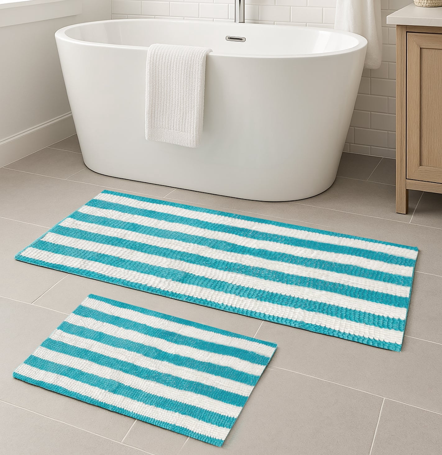 2 Piece Set Light Blue White Stripe Soft Cozy Plush Chenille Bath Mat ...