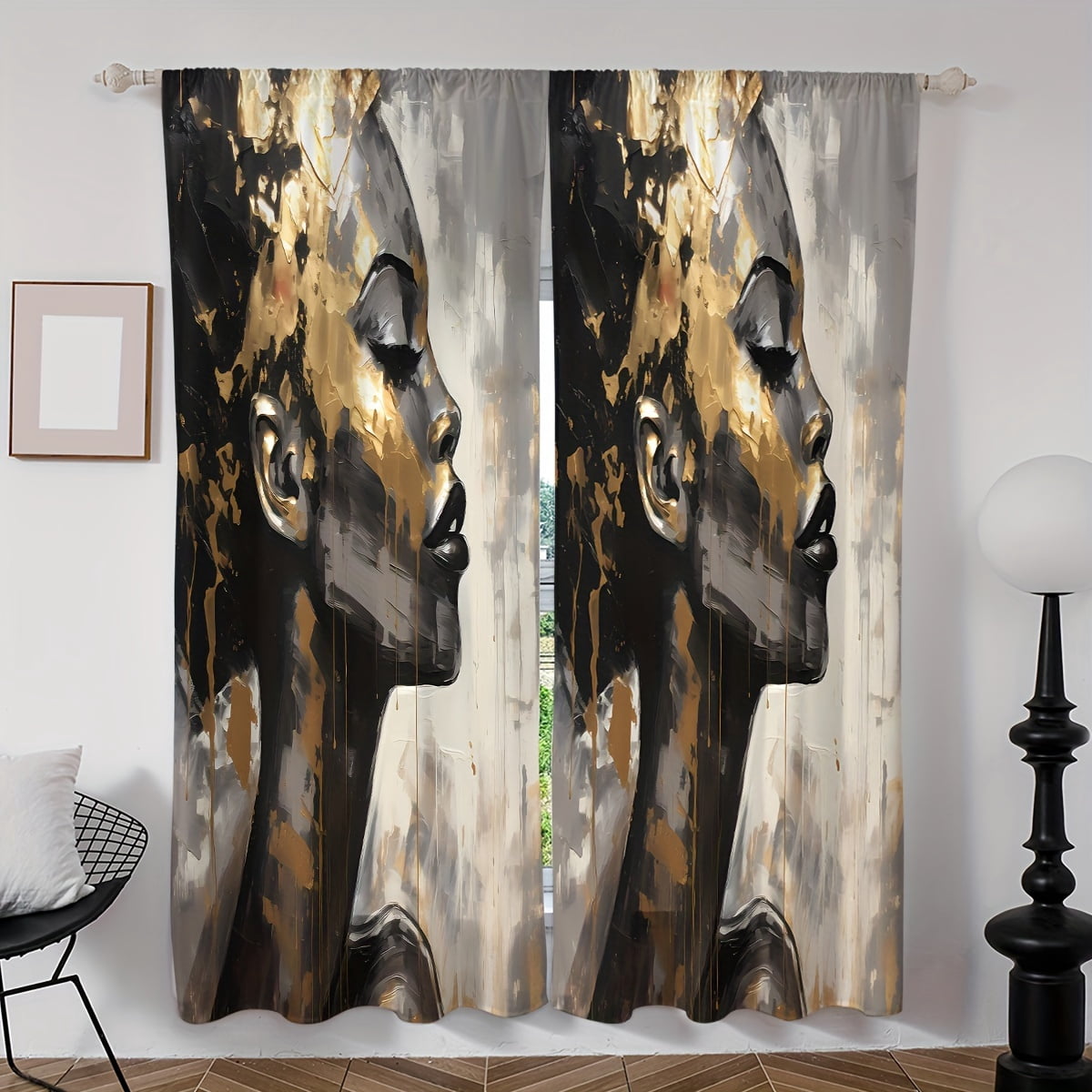 2-Piece Set Marble Geometric Floral Print Curtains Rod Pocket Design ...