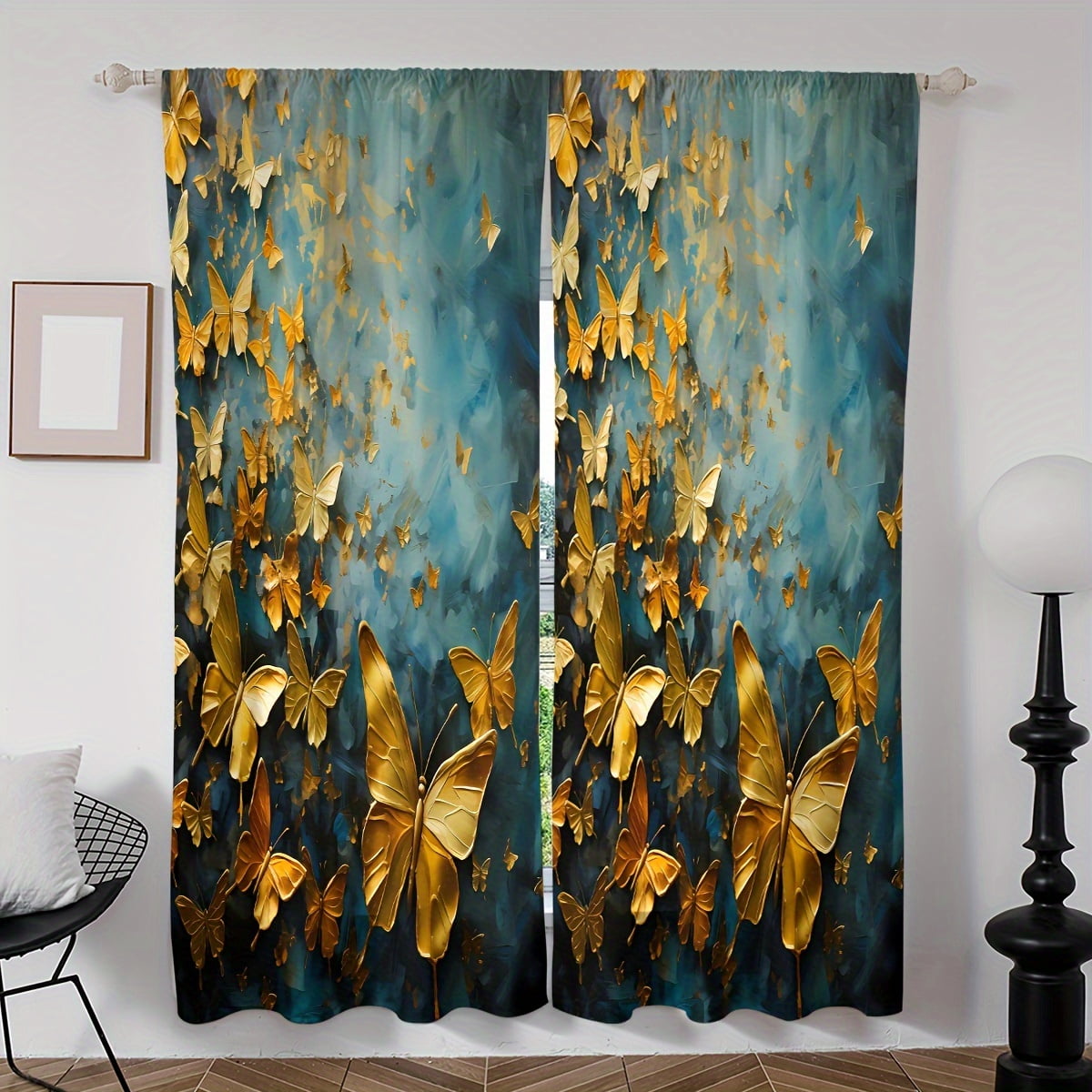 2-Piece Set Marble Geometric Floral Print Curtains Rod Pocket Design ...