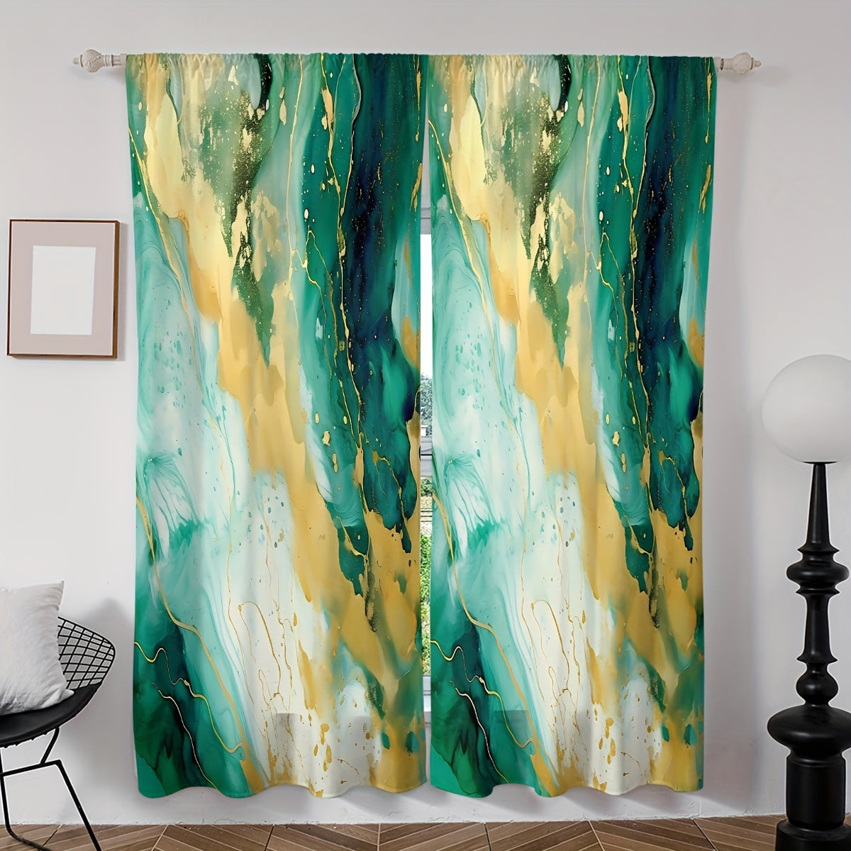 2-Piece Set Marble Geometric Floral Print Curtains Rod Pocket Design ...