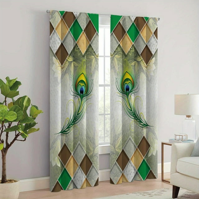 2-Piece Set Peacock Feather Print Curtains Bohemian Style Polyester ...