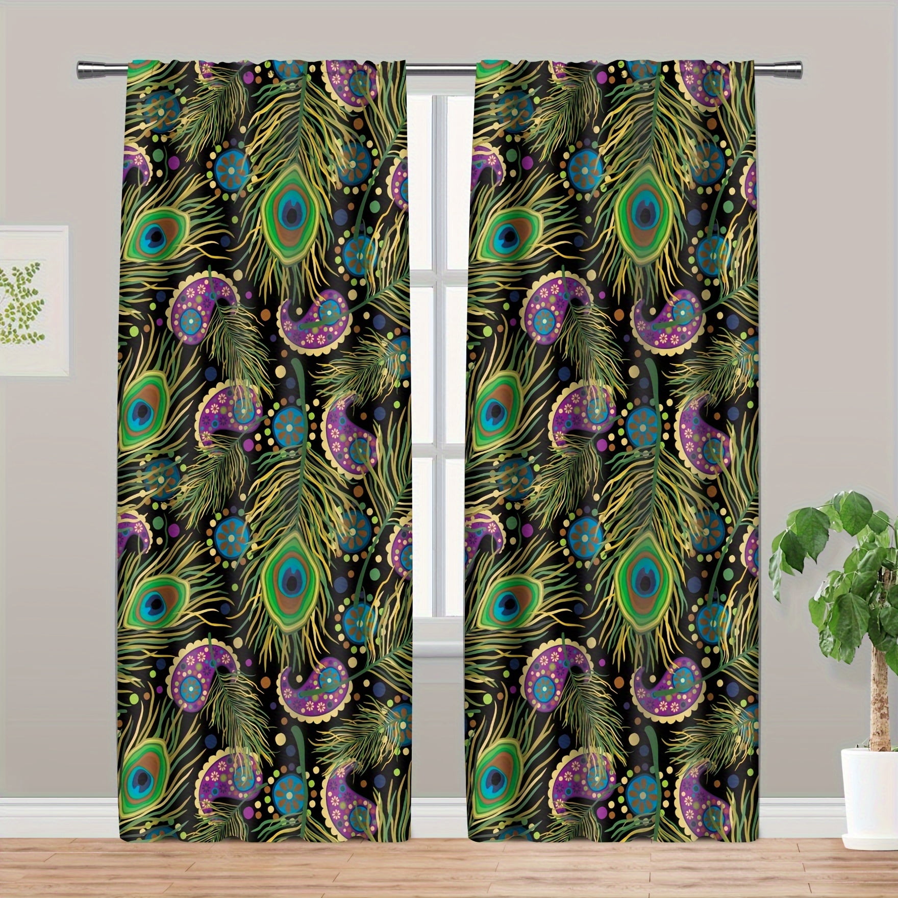 2-Piece Set Peacock Feather Print Curtains Bohemian Style Polyester ...