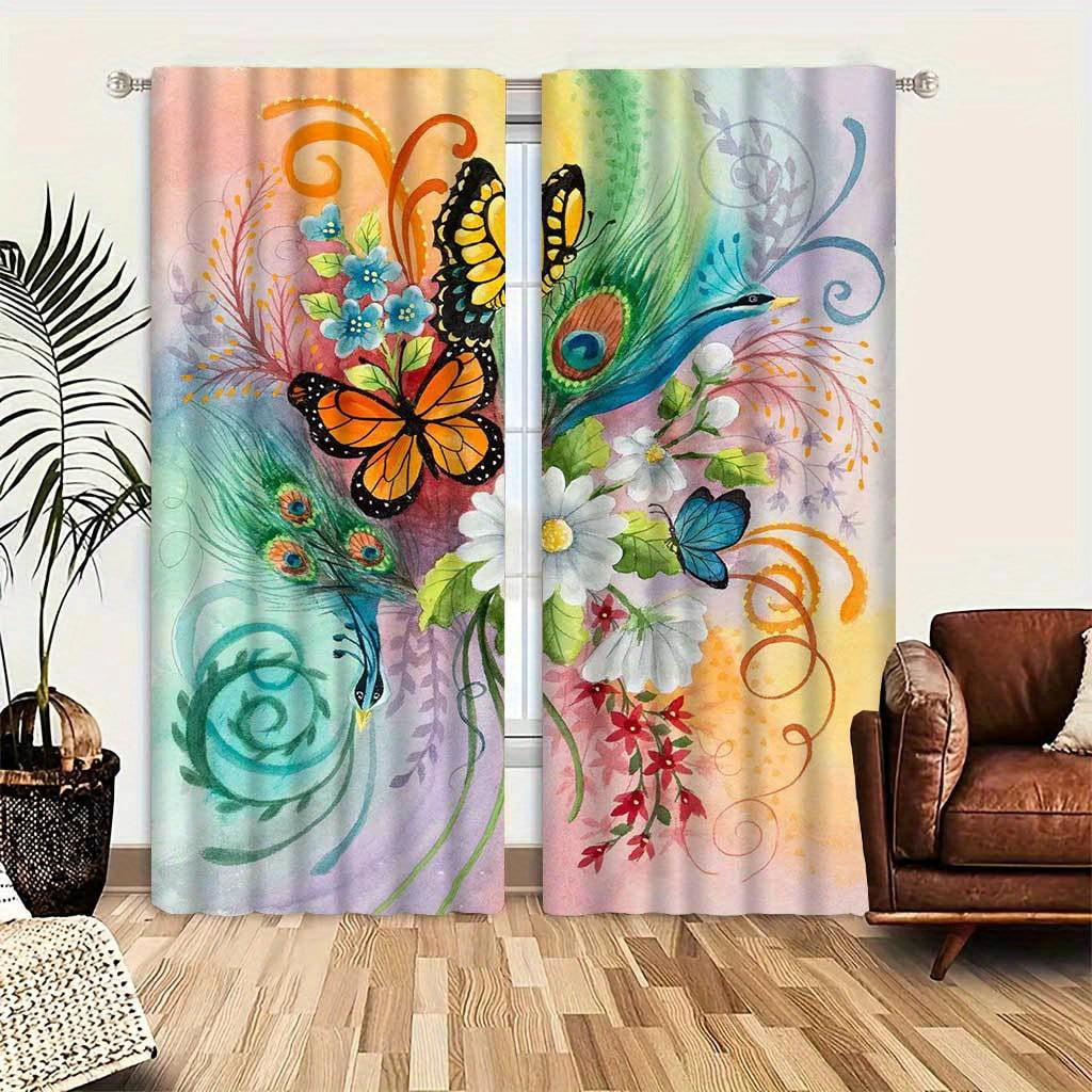 2-Piece Set Peacock Feather Print Curtains Bohemian Style Polyester ...