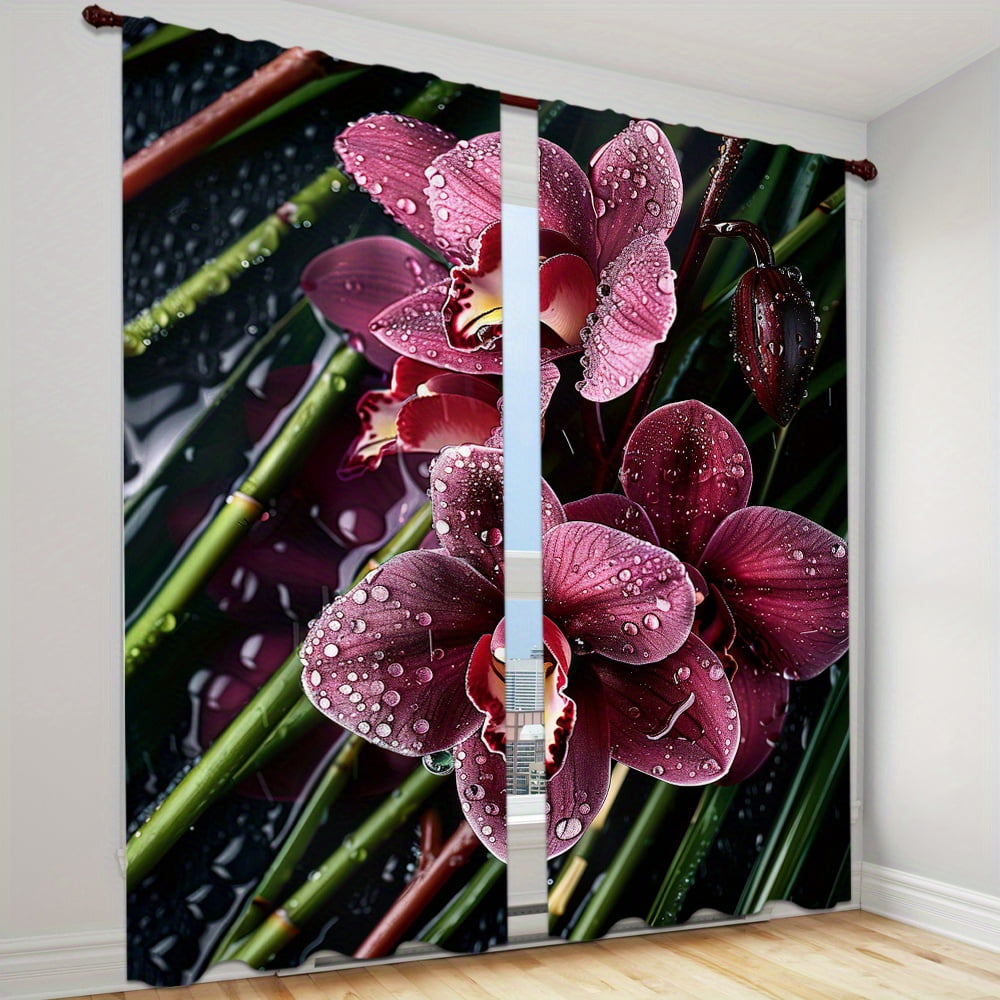 2-Piece Set Pink Rose & Butterfly Curtains Rod Pocket Design For Easy ...