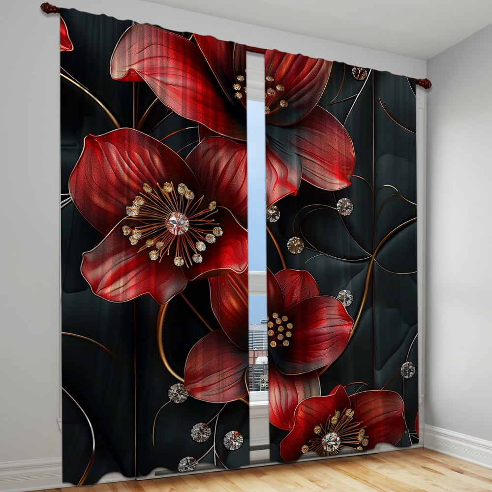 2-Piece Set Pink Rose & Butterfly Curtains Rod Pocket Design For Easy ...