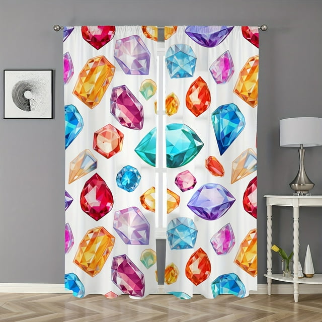 2-Piece Set Shinny Radiant Gemst Crown Floral Print Curtain Rod Pocket ...