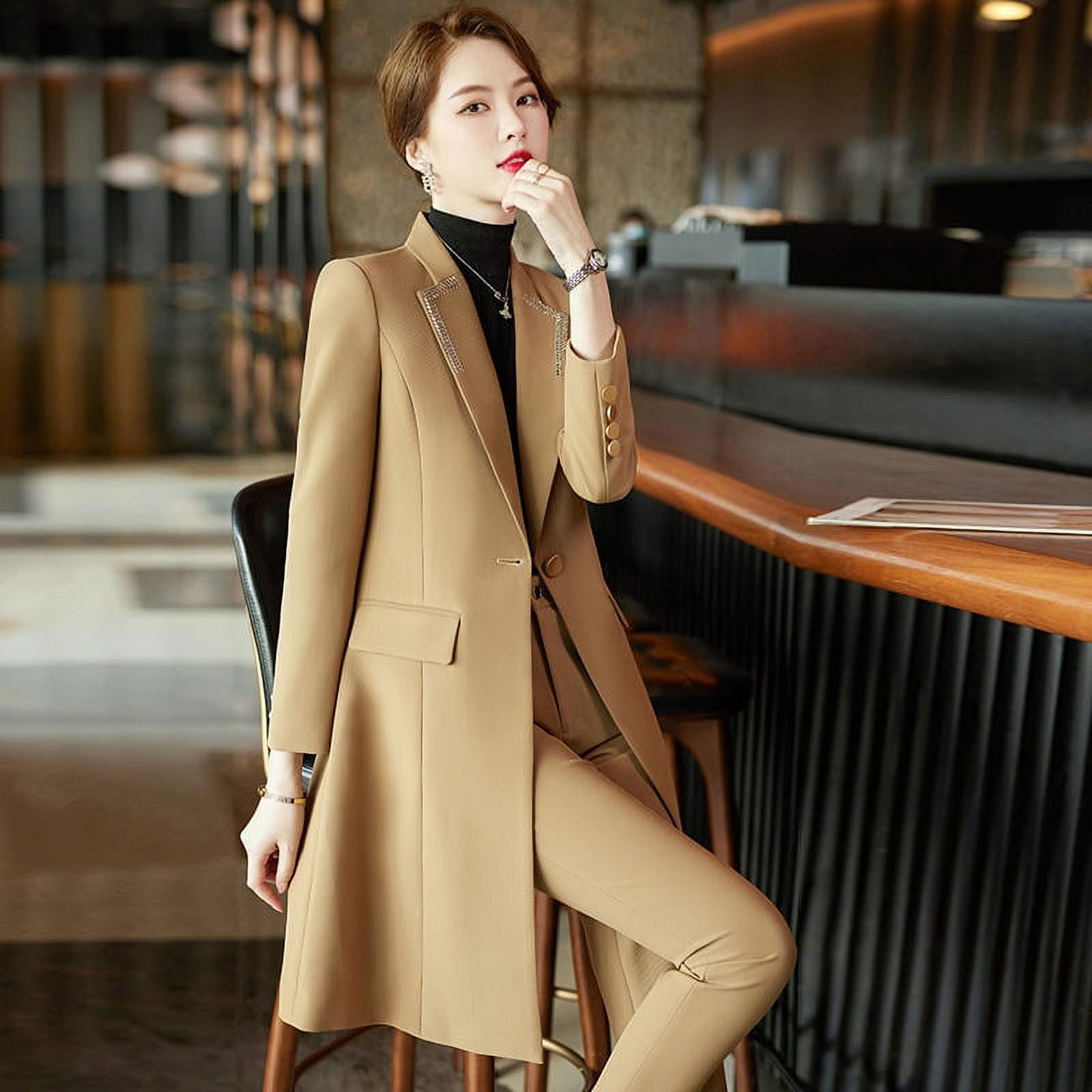 2 Piece Set Single Button Blazer Office Lady Fashion Pant Suits Women ...