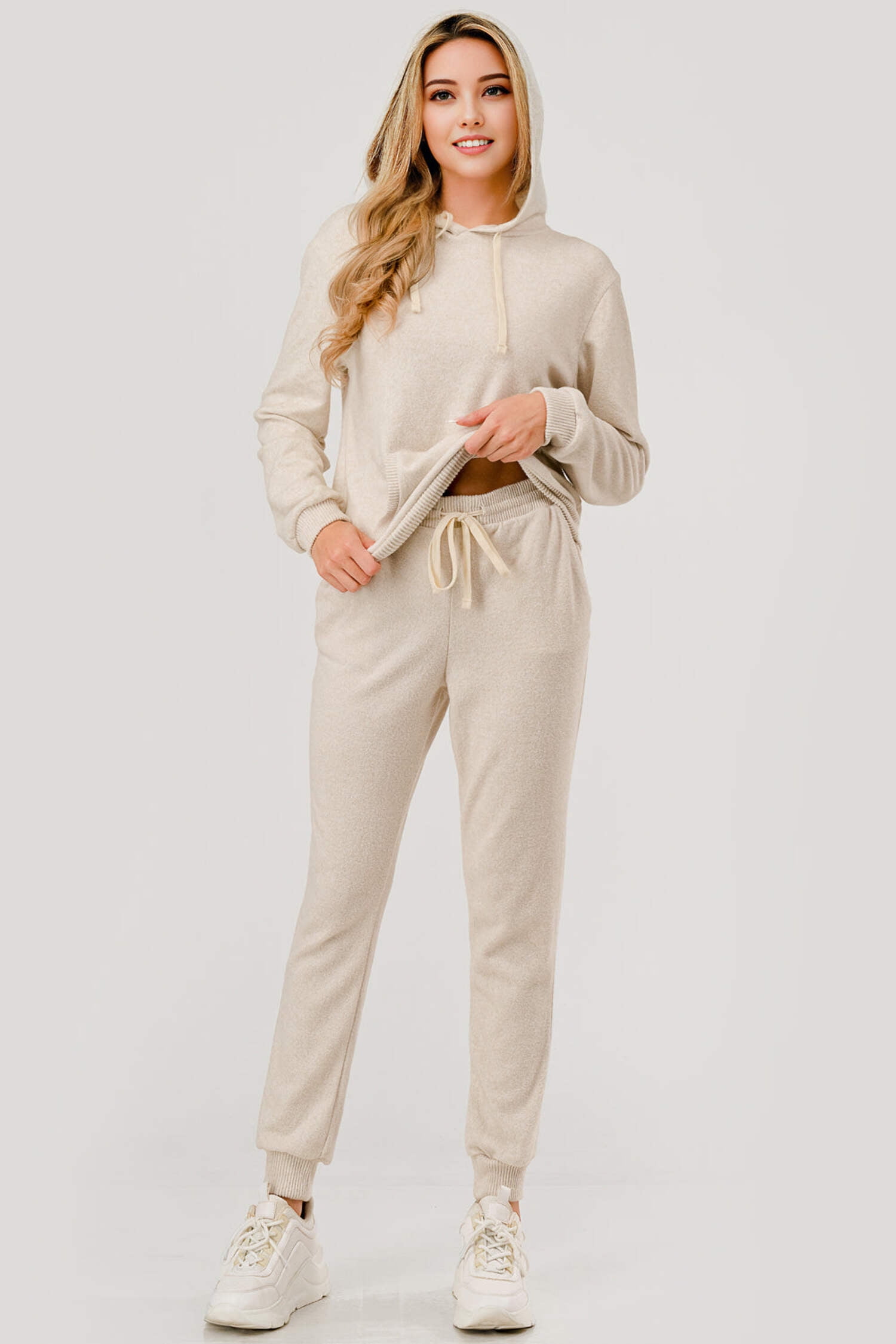 2-Piece Set Sweater Knit Hoodie + Jogger Sweatpants - Heather Oatmeal ...