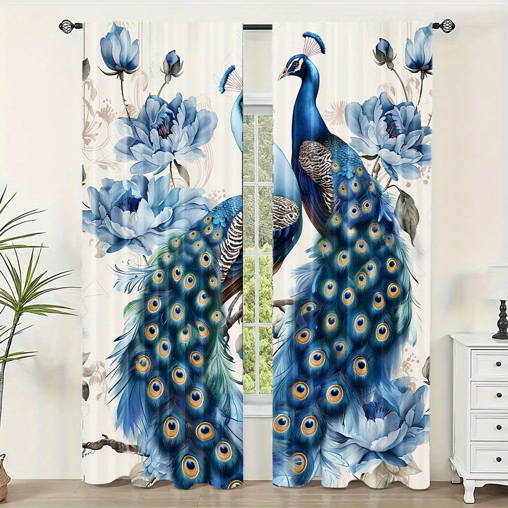 2-Piece Set Vibrant Peacock Print Curtains Rod Pocket Design For Living ...