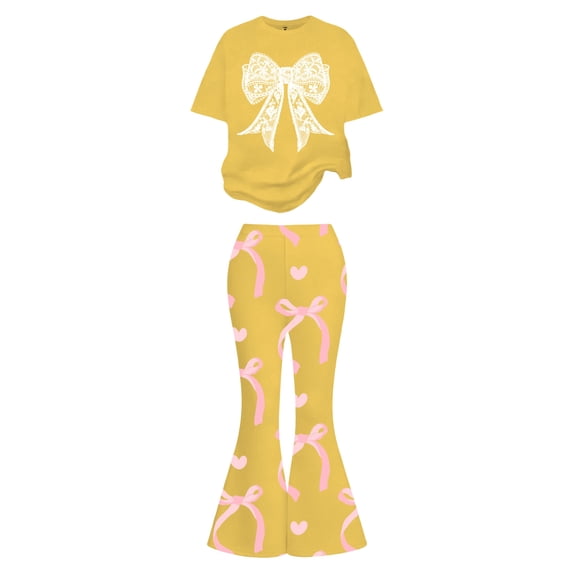 2 Piece Set for Girls Valentines Heart Print Bow Detail Short Sleeve ...