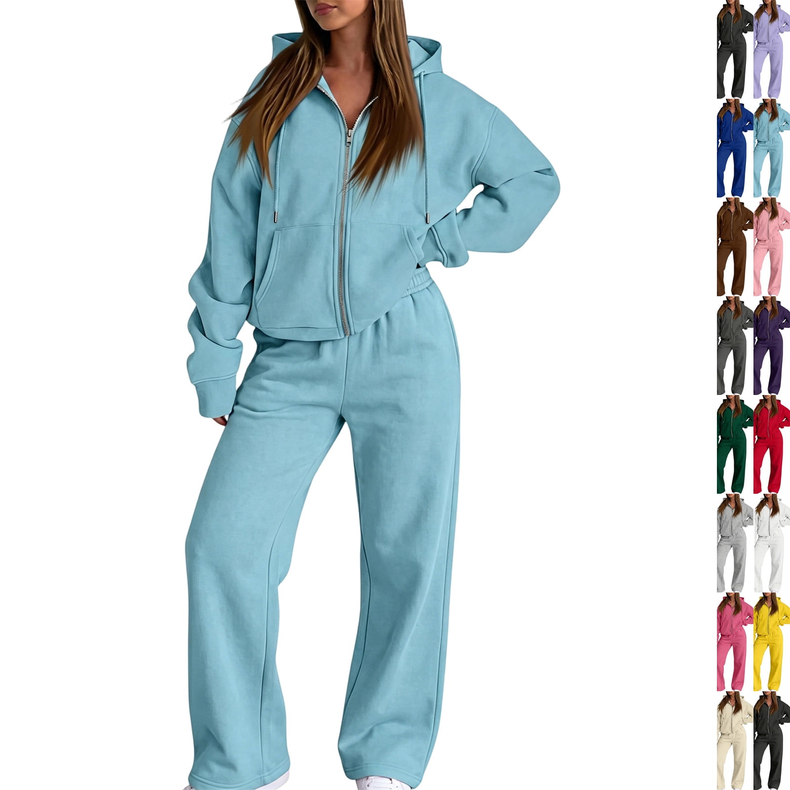 2 Piece Set for Women Casual Matching Sets Zip Up Cropped Hoodie With ...