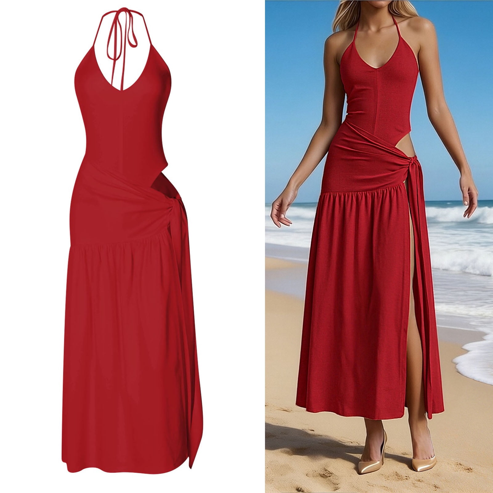 2 Piece Set for Women Halter Backless Bodysuit and Wrap Tied High Split ...